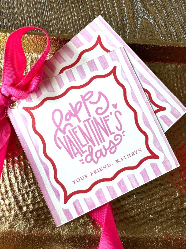 Personalized Kids Valentine Gift Tag Preppy Watercolor Pink Stripes ...