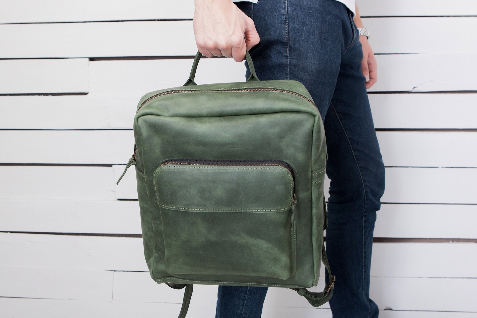 Minimalist Green Leather Backpack With Zipper | Etsy