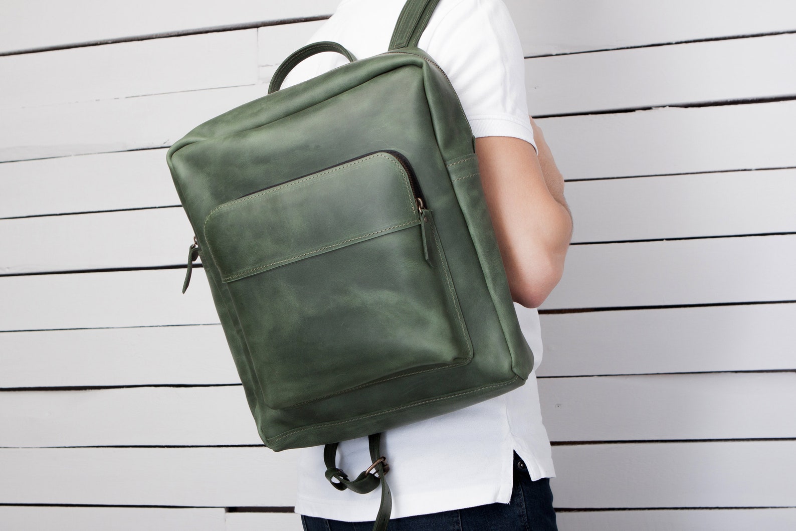 Minimalist Green Leather Backpack With Zipper | Etsy