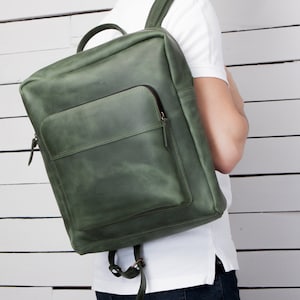 Minimalist Green Leather Backpack With Zipper - Etsy