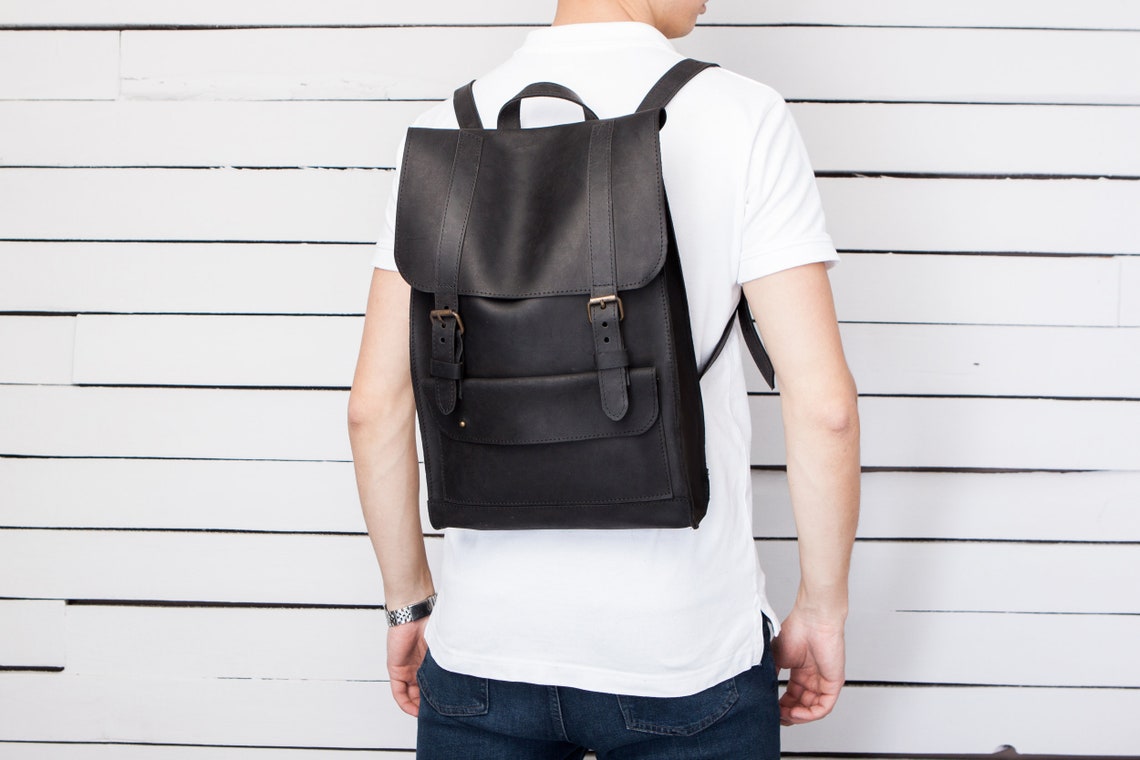 Black Leather Monogrammed Large Backpack for Men - Etsy