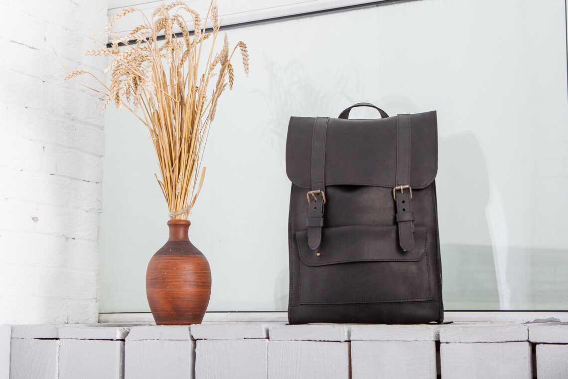 Black leather monogrammed large backpack for men | Etsy