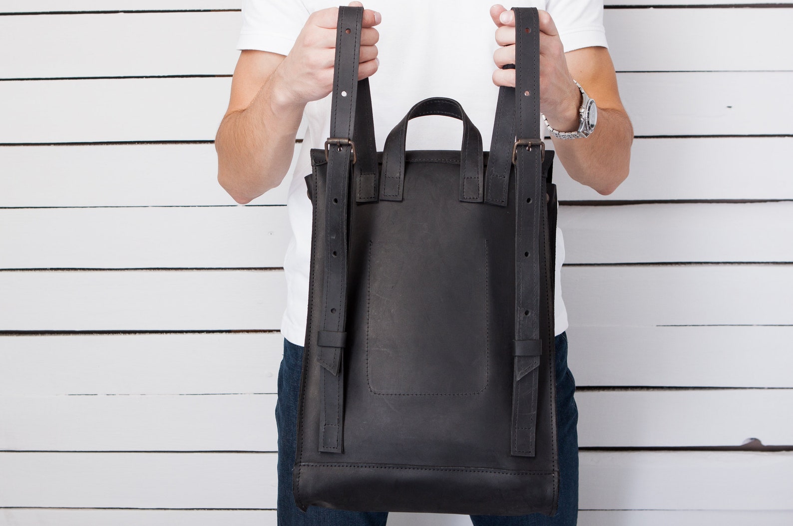 Black Leather Monogrammed Large Backpack for Men - Etsy