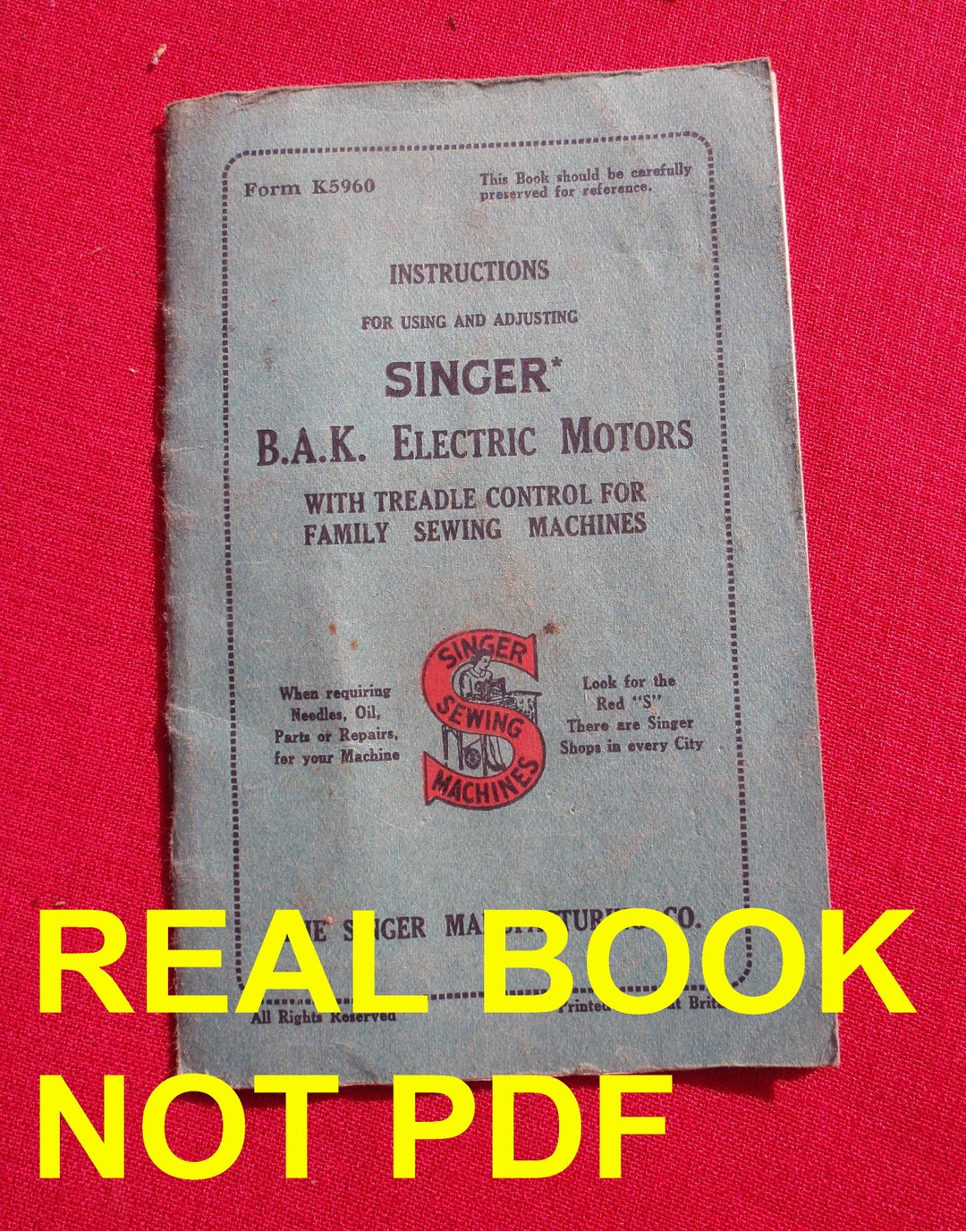 Singer BAK Motor for Sewing Machine Original Instruction Book User ...