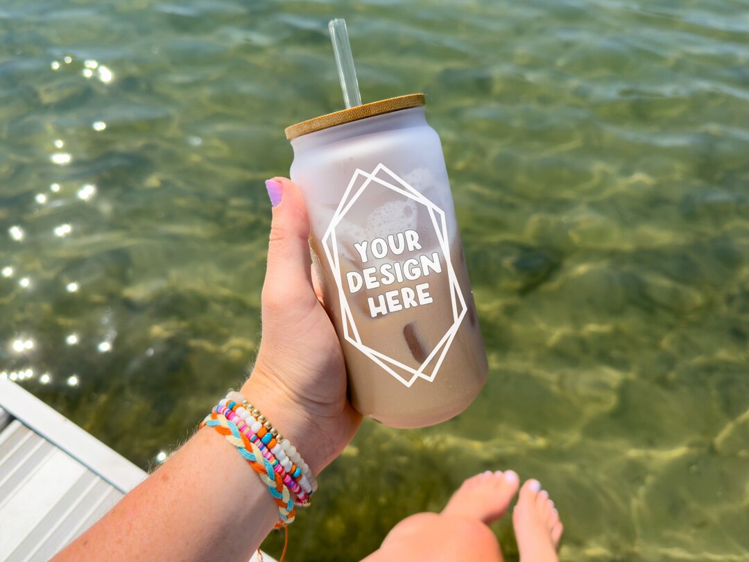 Summer Glass Tumbler Mockup, 16oz Frosted Glass Mockup With Lid and ...