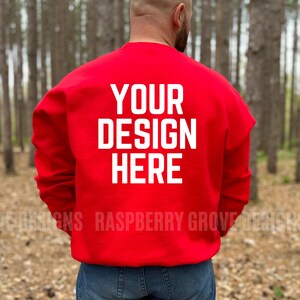 Back of Gildan 18000 Mockup Red Sweatshirt Backside Mock up Male Model ...