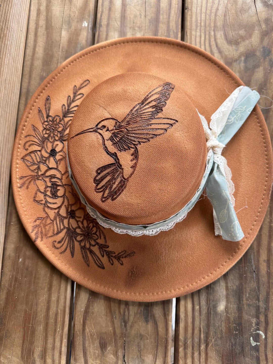 Burned Brim Hummingbird and Floral Hat Wide Brim Ladies Hat Concert Hat ...