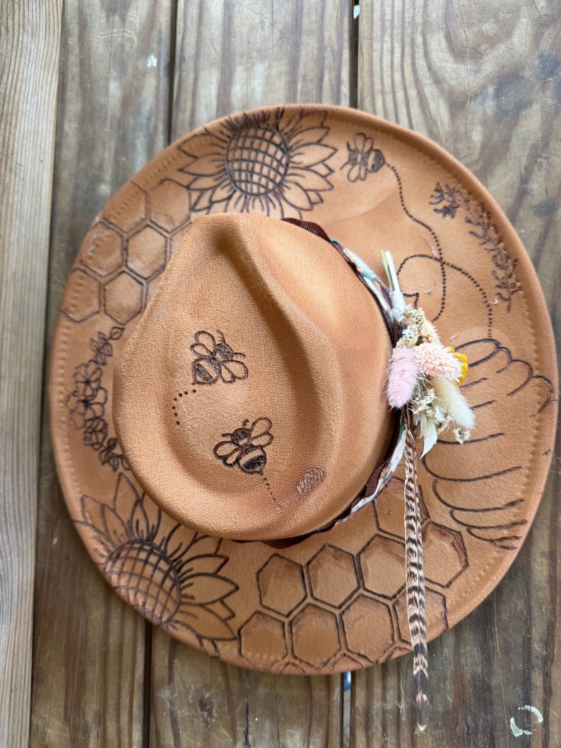 Hand Burned Wide Brim Hat, Bumblebee Honeycomb Design - Etsy