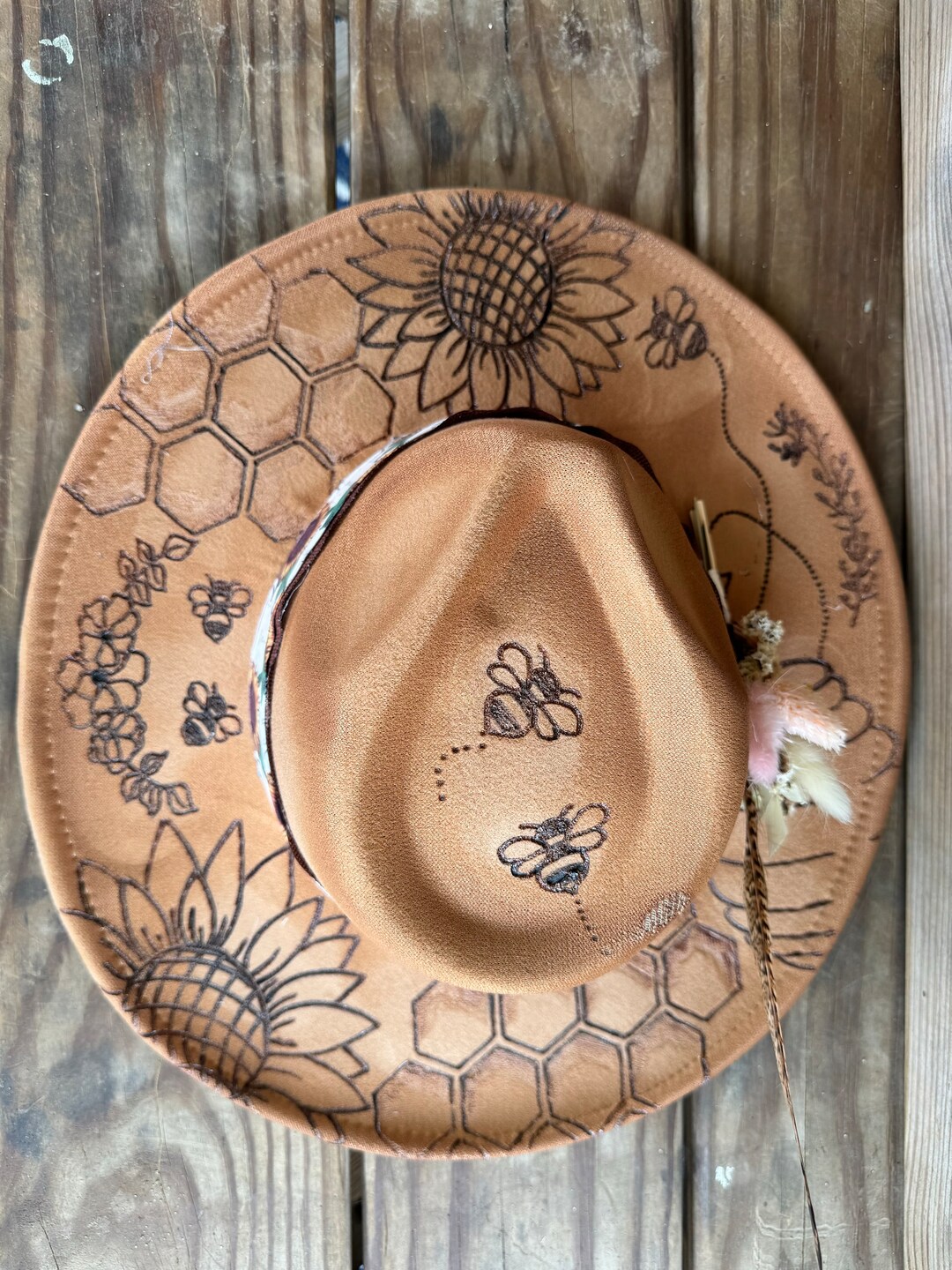 Burned Brim Bumblebee Honeycomb With Bee Hive Wide Brim Ladies Hat ...