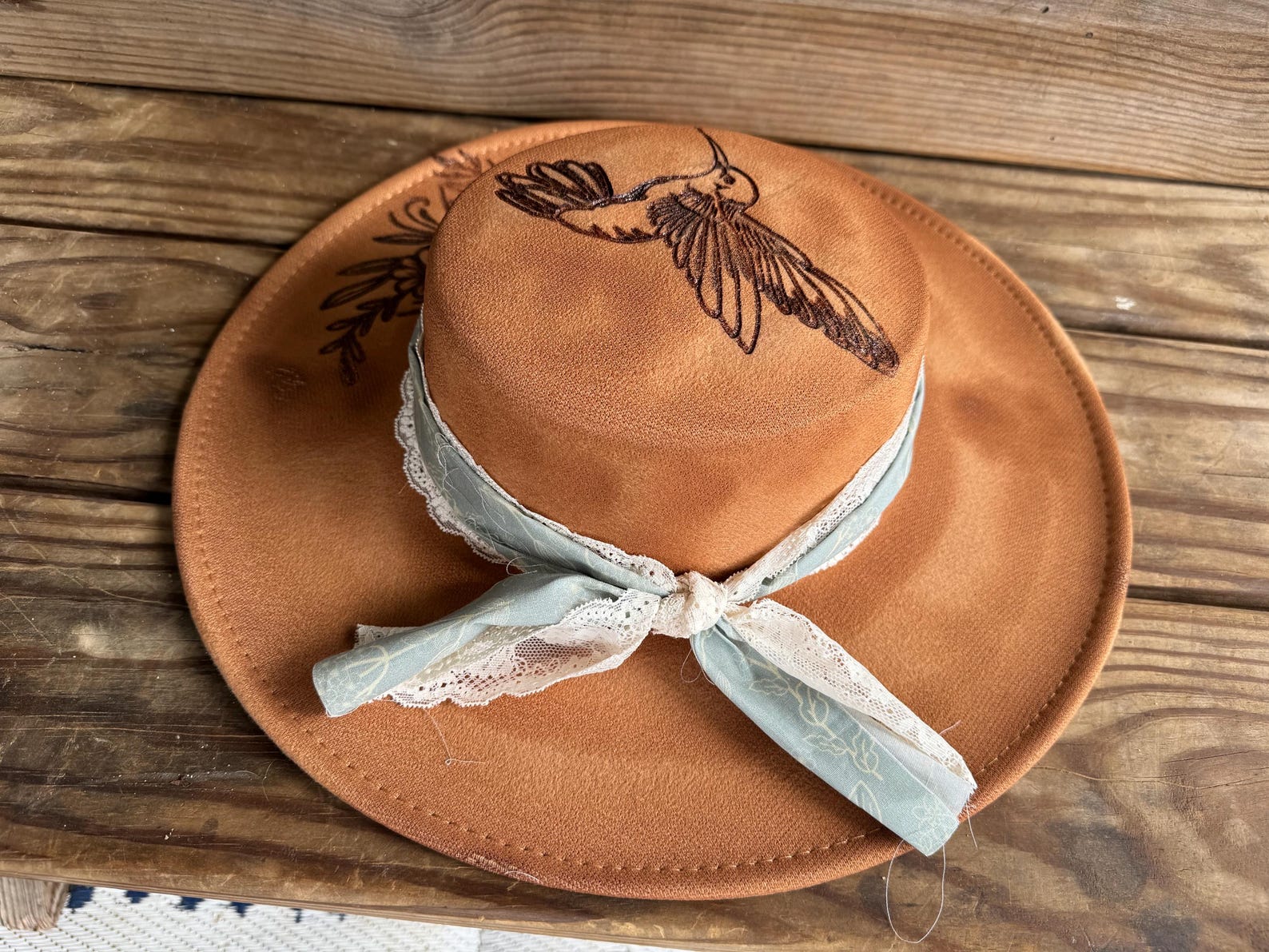 Burned Brim Hummingbird and Floral Hat Wide Brim Ladies Hat Concert Hat ...