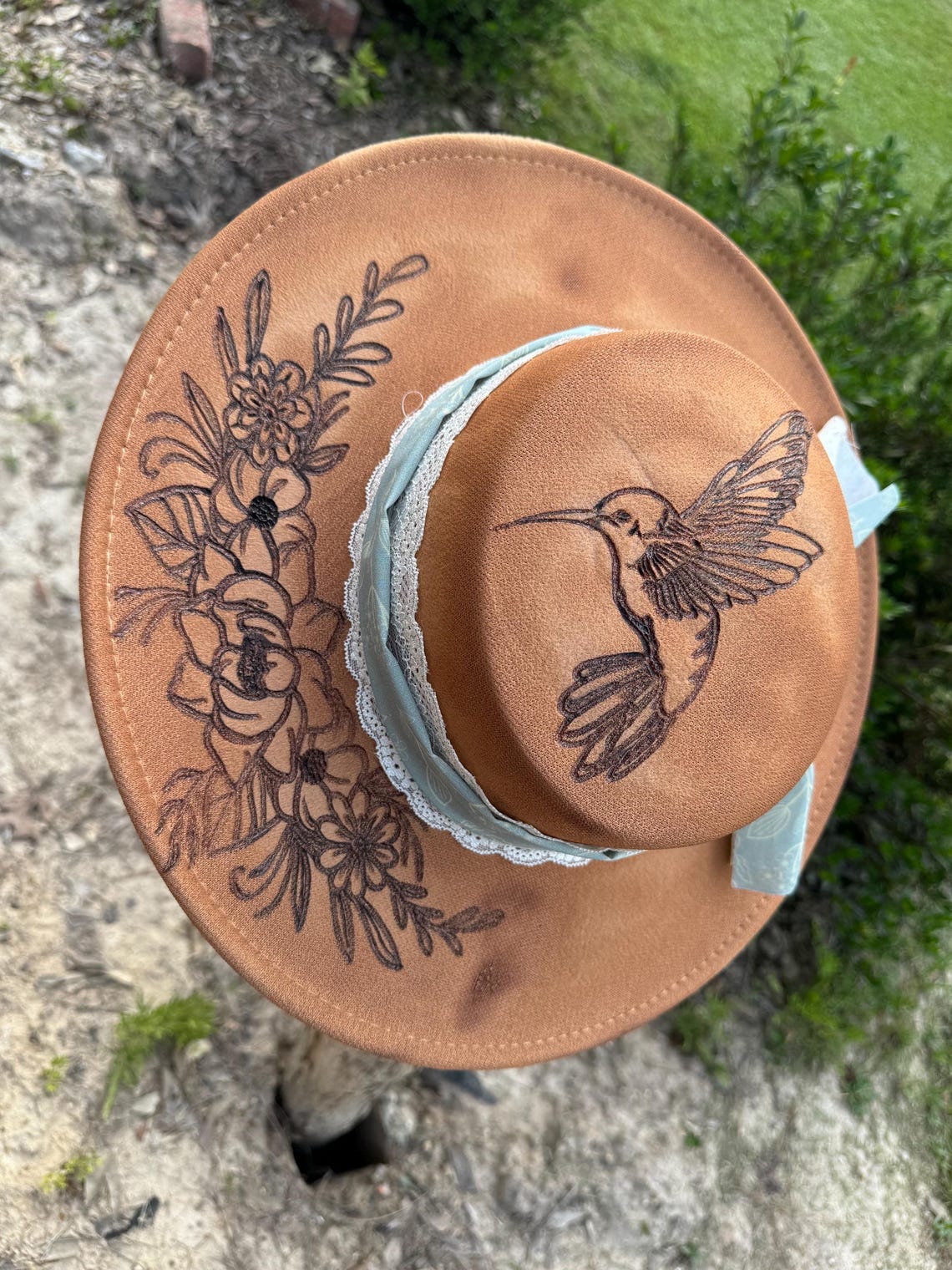 Burned Brim Hummingbird and Floral Hat Wide Brim Ladies Hat Concert Hat ...