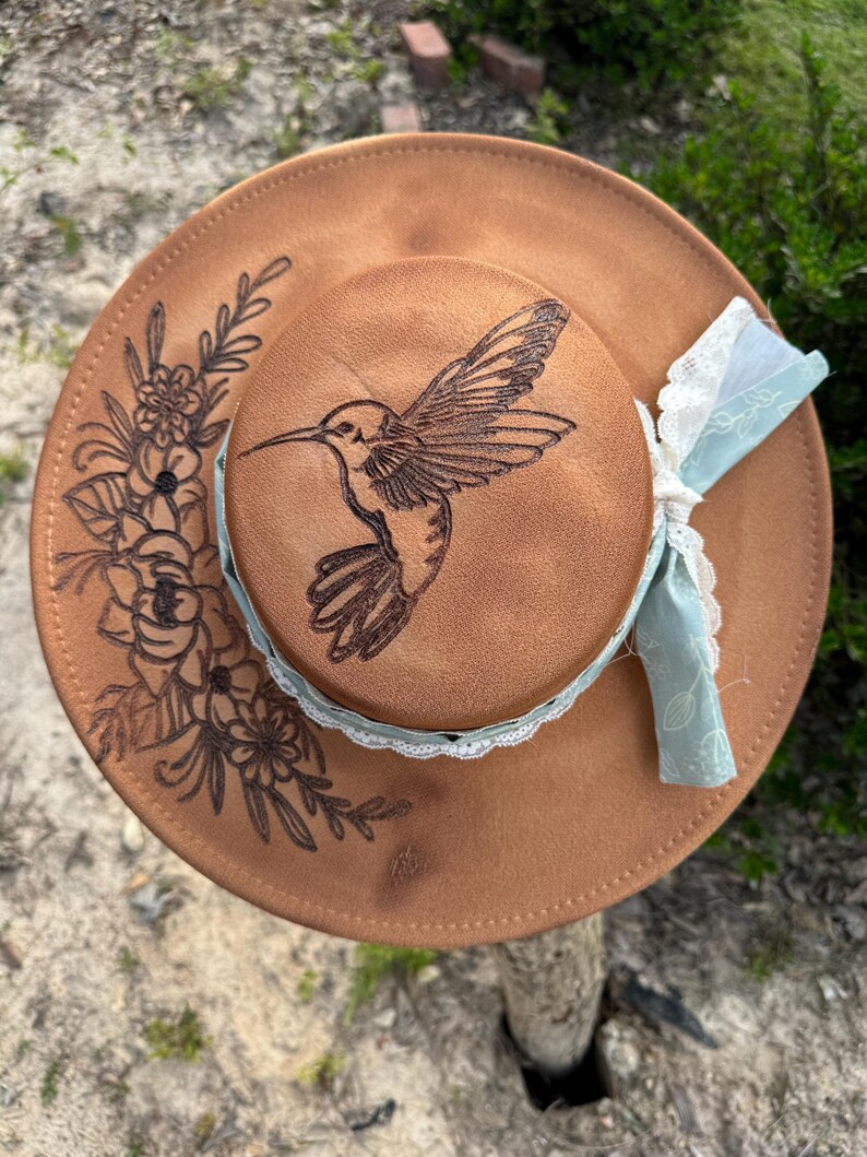 Burned Brim Hummingbird and Floral Hat Wide Brim Ladies Hat Concert Hat ...