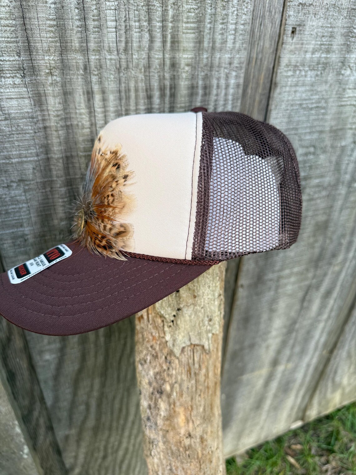 Feather Trucker Hat, Western Cap, Brown and Cream Cap With Feathers - Etsy
