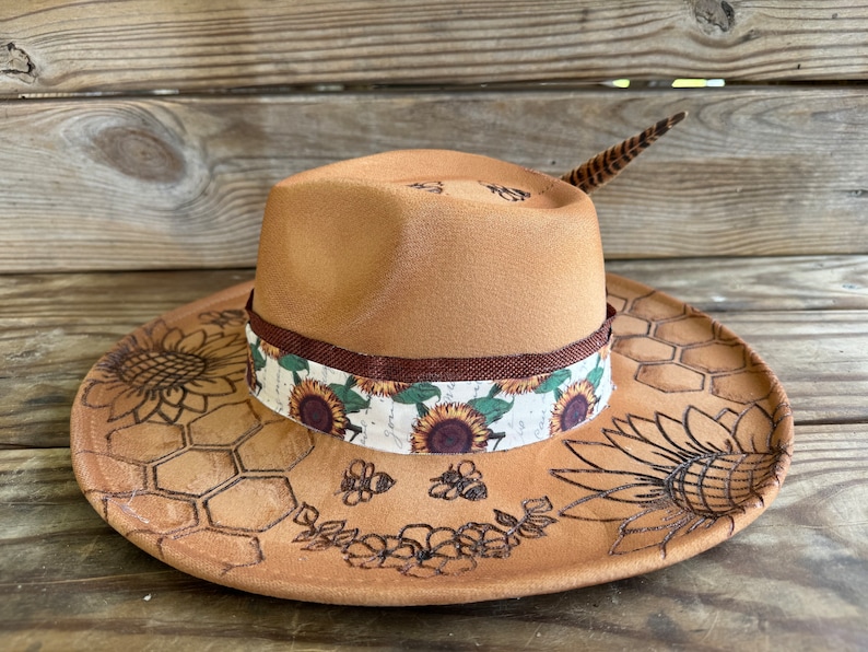 Burned Brim Bumblebee Honeycomb With Bee Hive Wide Brim Ladies Hat ...