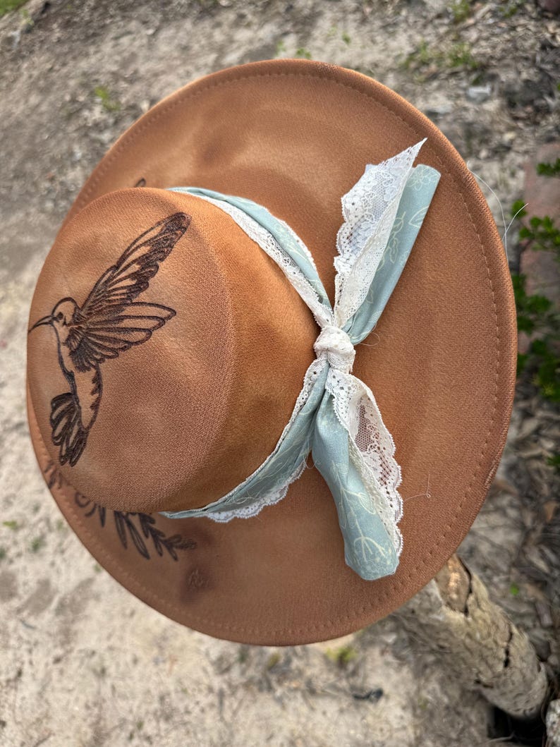 Burned Brim Hummingbird and Floral Hat Wide Brim Ladies Hat Concert Hat ...