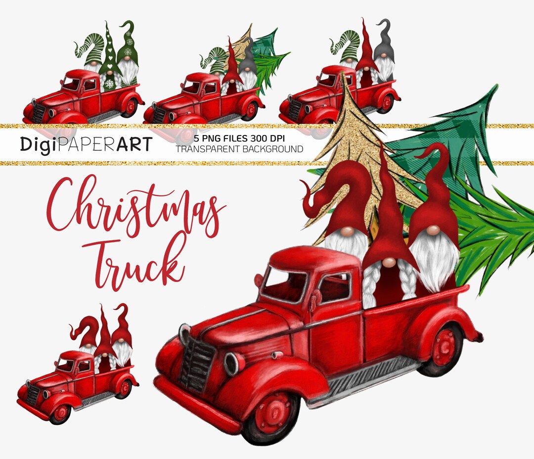 Christmas PNG, Red Truck Clip Art, Gnomes PNG, Watercolor Christmas ...