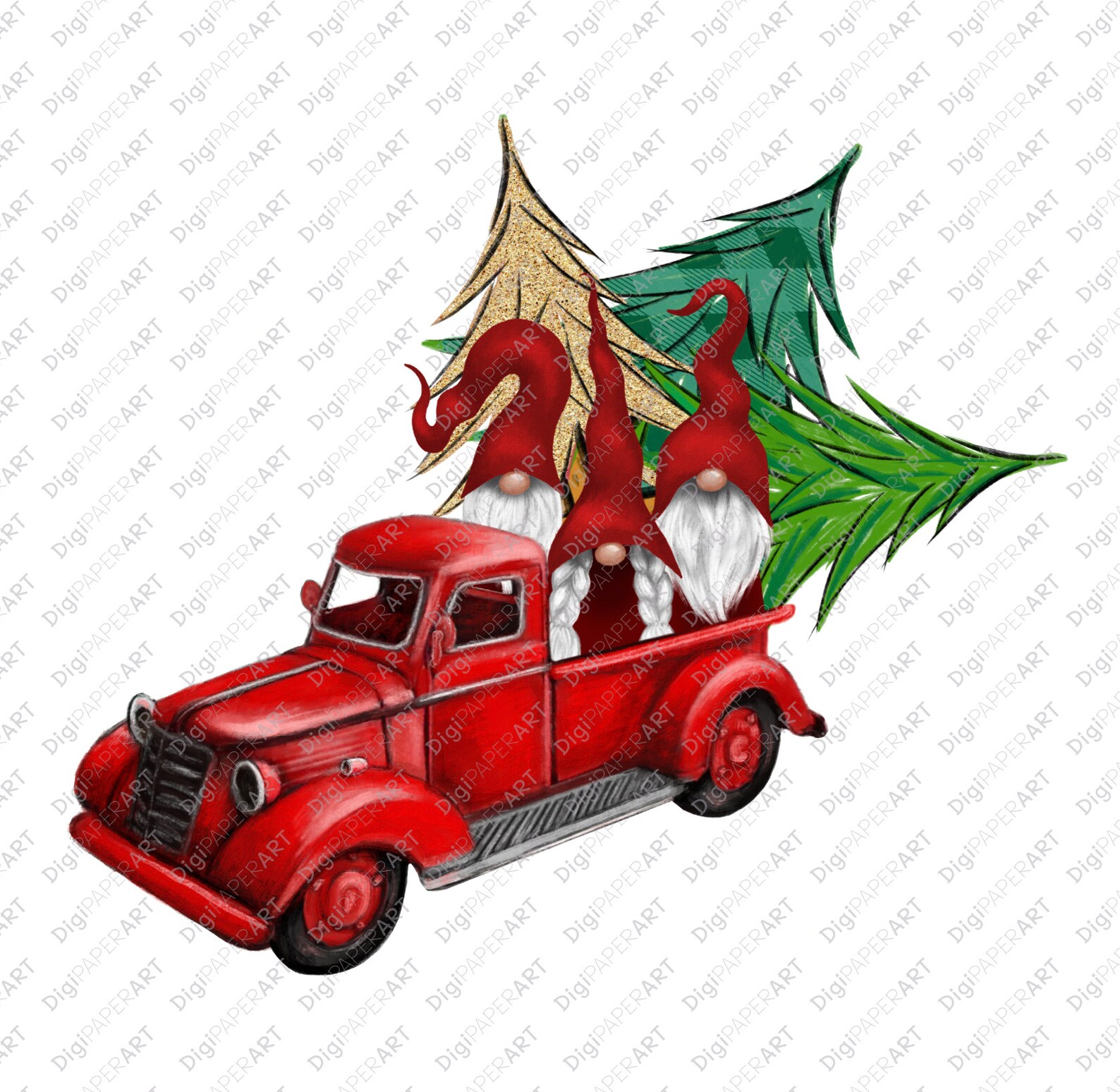 Christmas PNG, Red Truck Clip Art, Gnomes PNG, Watercolor Christmas ...