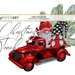 Red Buffalo Plaid Christmas Truck Clip Art, Christmas Gnomes PNG, Hand ...
