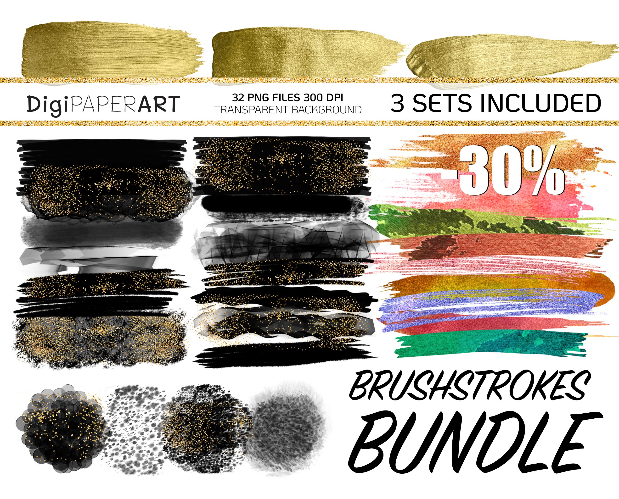 Brushstrokes Clipart Bundle Gold Glitter Brush Stroke Black | Etsy