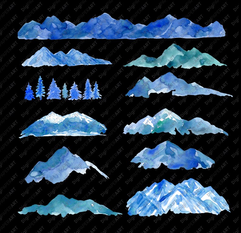 Watercolor Mountains Clipart Blue Mountains Clipart | Etsy