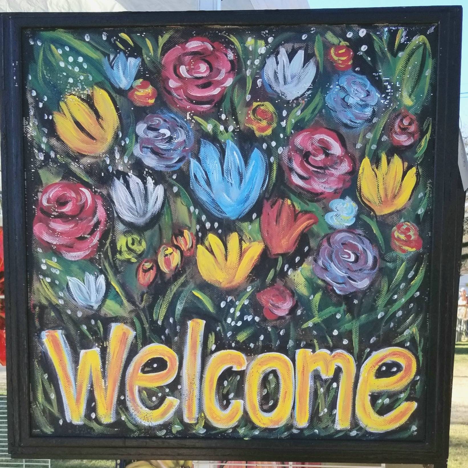 Upcycled Painted Screen, Welcome Sign With Brightly Colored Flowers - Etsy
