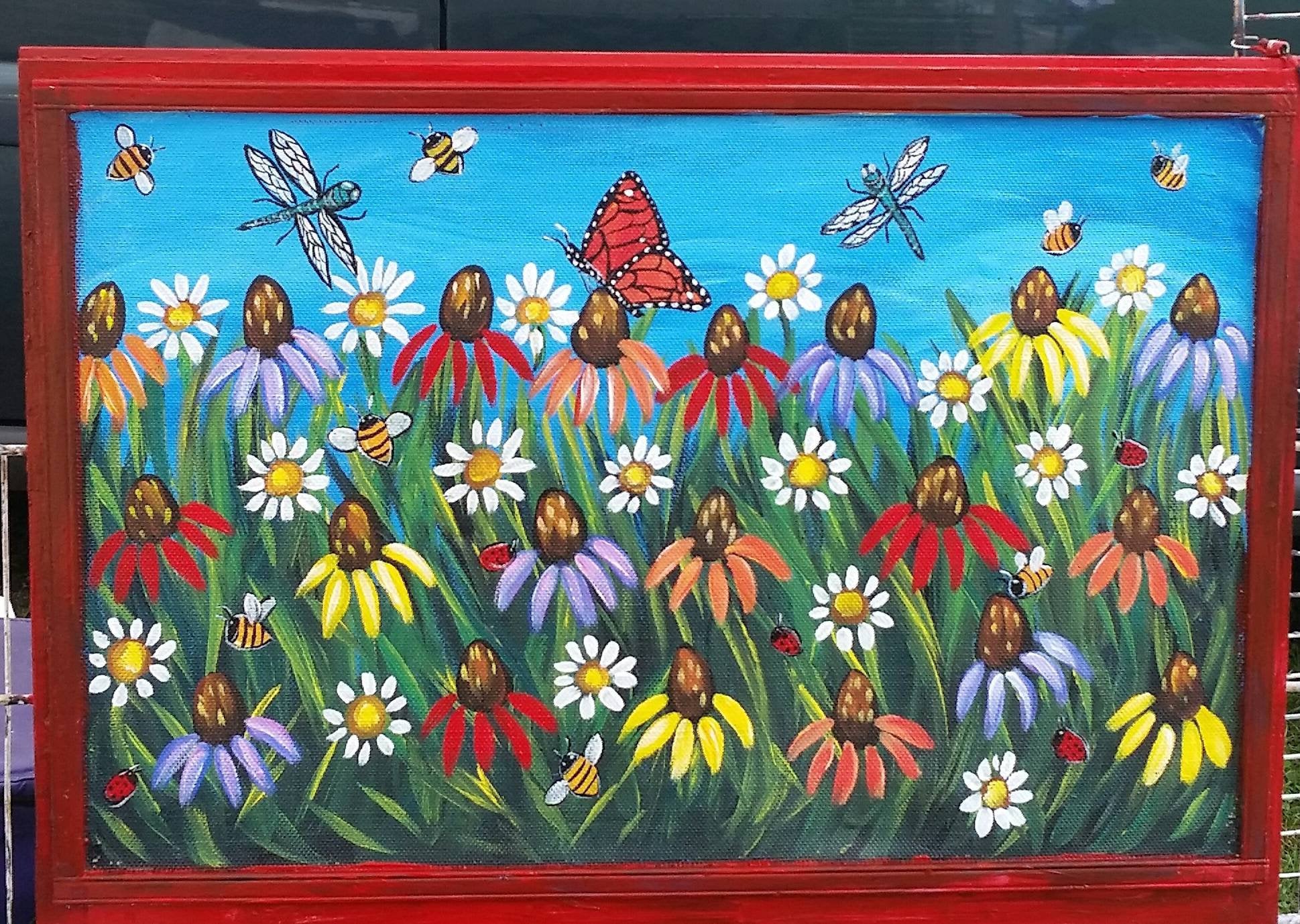 Painted Screen, Painted Window Screen With Bright Flowers, Dragonflies ...