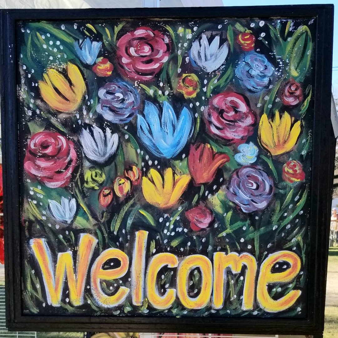 Upcycled Painted Screen, Welcome Sign With Brightly Colored Flowers - Etsy