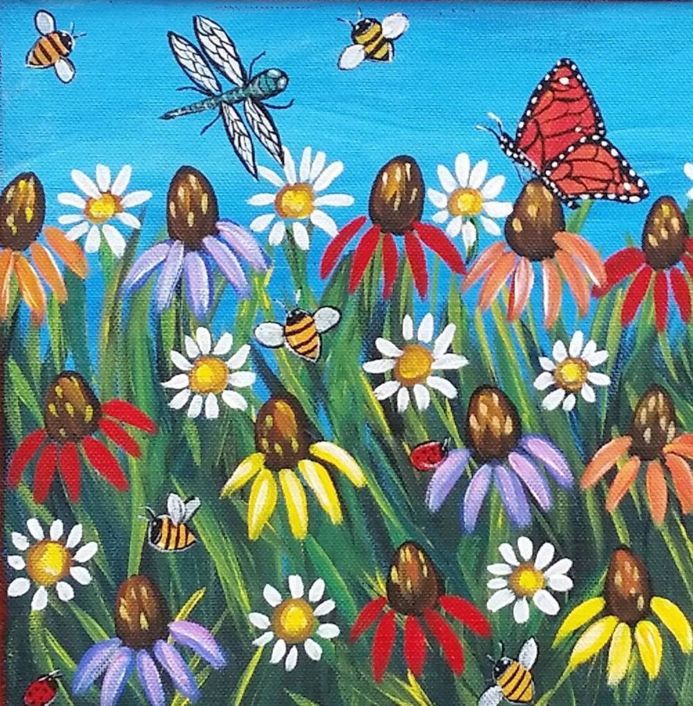 Painted Screen, Painted Window Screen With Bright Flowers, Dragonflies ...
