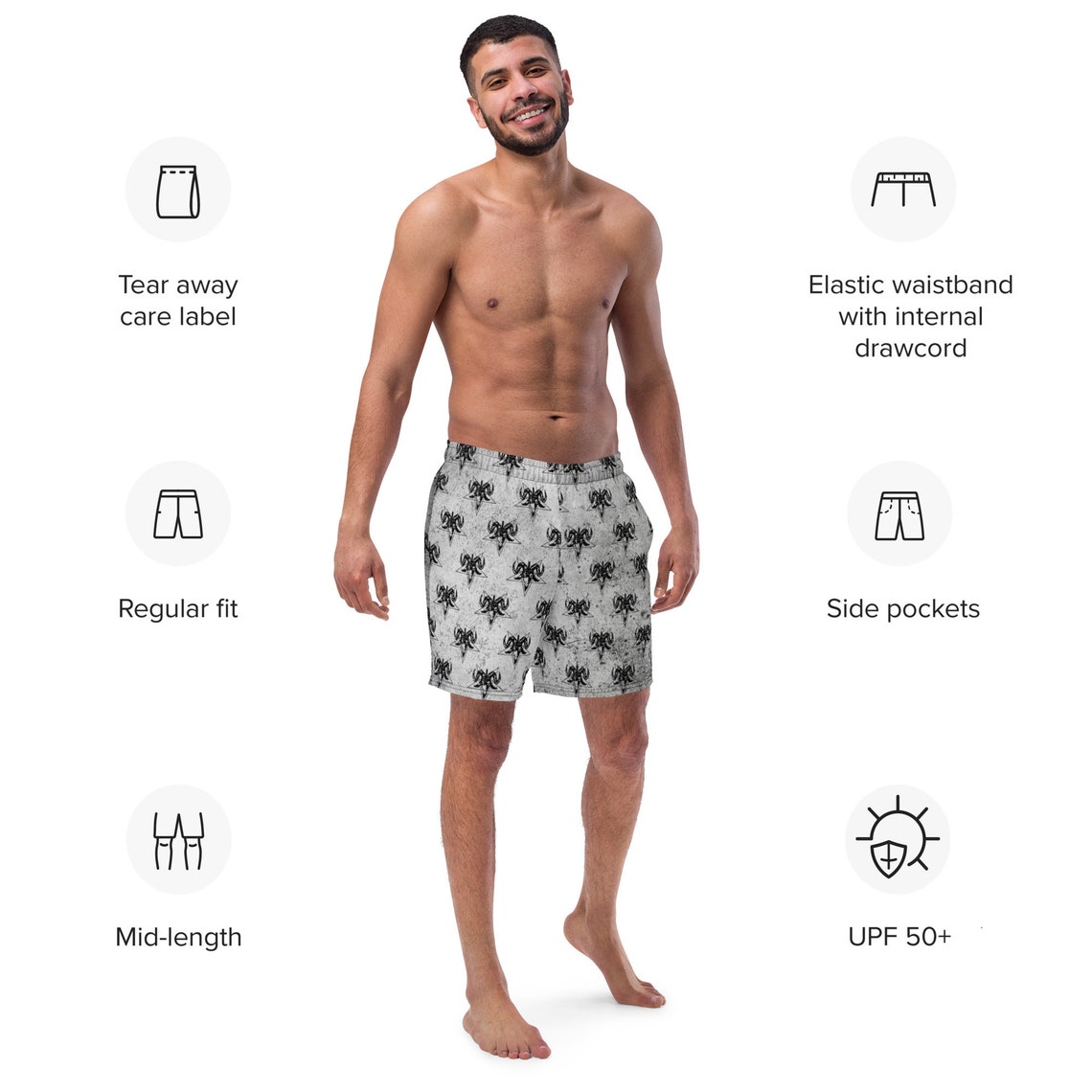 Eco Friendly Mens Goth Swim Trunks / Baphomet Swim Trunks / Grey Swim ...
