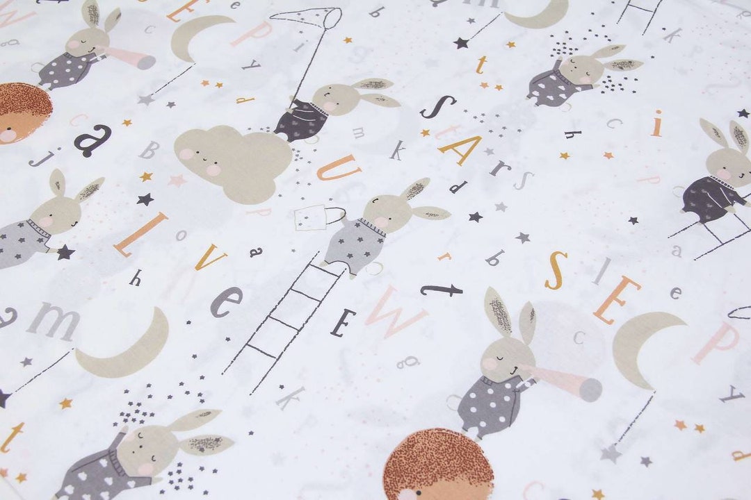 Sleepy Hare Fabric, Fabric With a Hedgehog, Fabric Moon, Fabric for the ...
