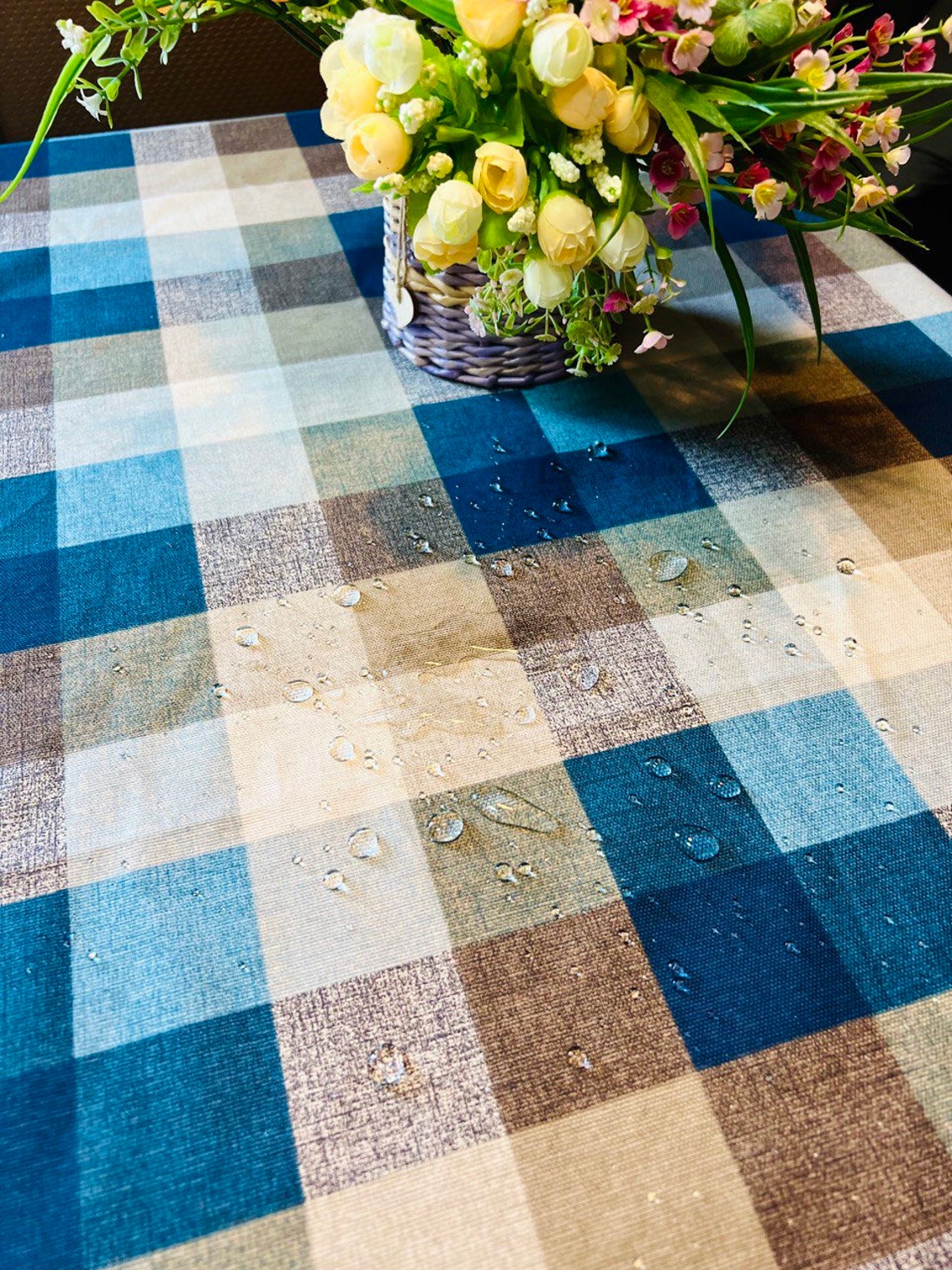 Blue Checkered Tablecloth, Geometric Blue Tablecloth, Waterproof ...