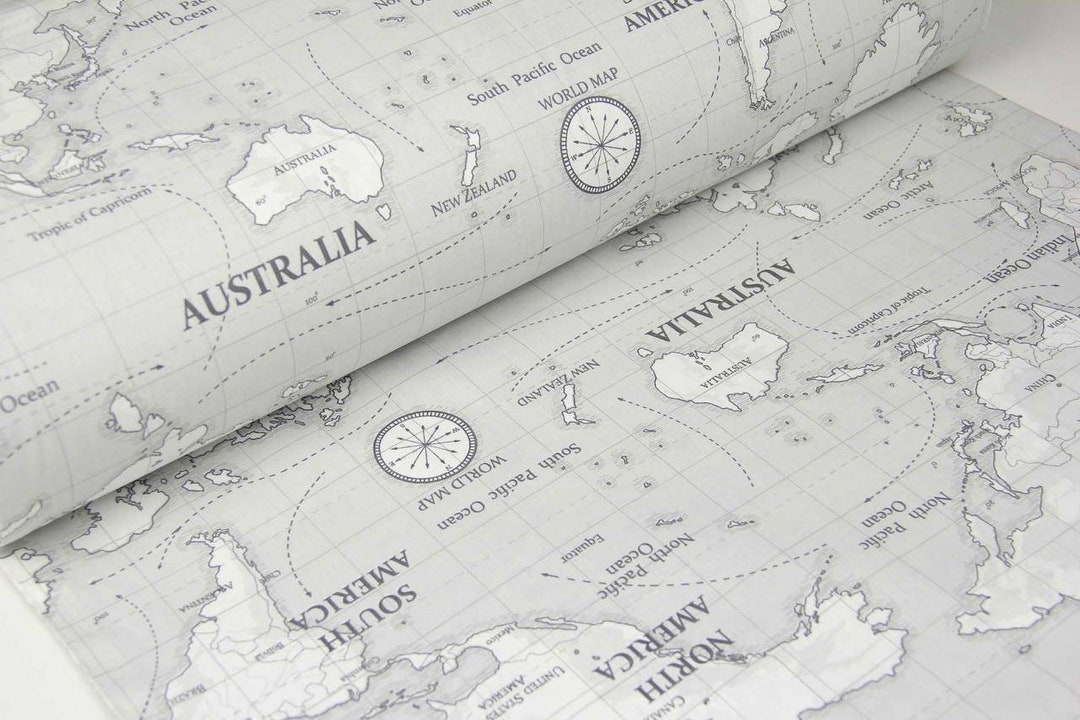 Fabric Gray Map of the World, Fabric for Home, Fabric for Bedding ...