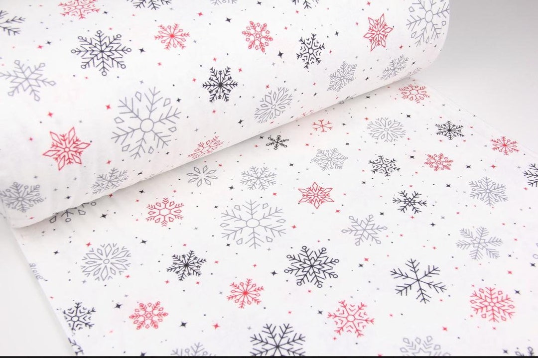 Red Grey Snowflakes Flannel Fabric, Christmas Flannel Fabric, Flannel ...