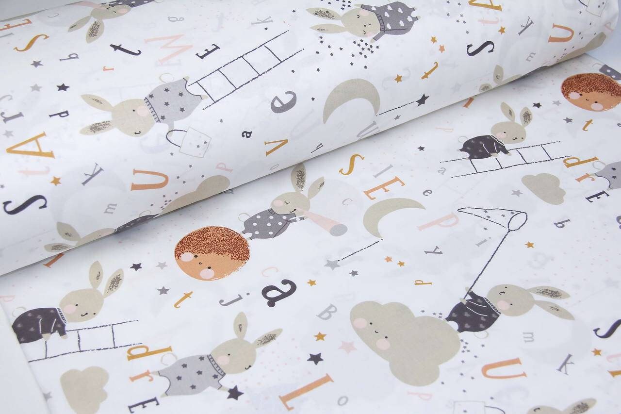 Sleepy Hare Fabric Fabric With a Hedgehog Fabric Moon - Etsy