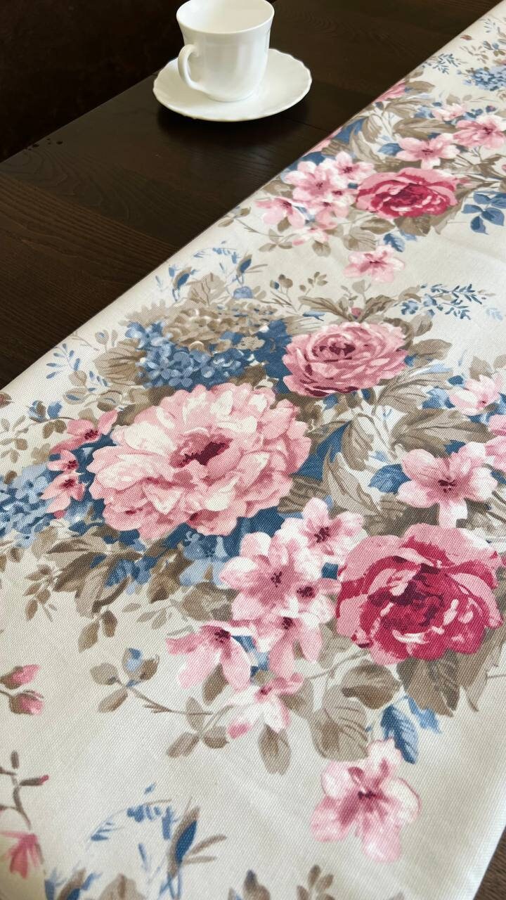 Peonies Pink Runner, Waterproof Table Runner Napkins, Dirt-resistant Table Runner, Blue Peonies ...