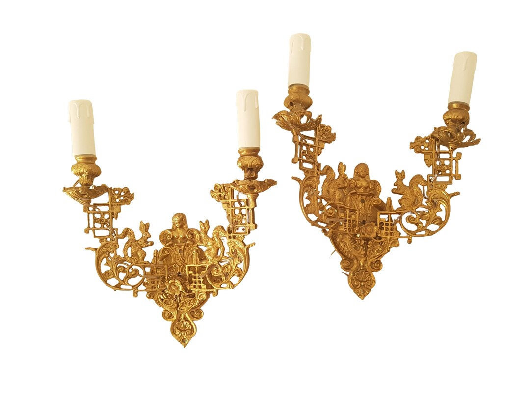 Vintage Pair of Brass Wall Sconces With Two Electric Faux Candles ...