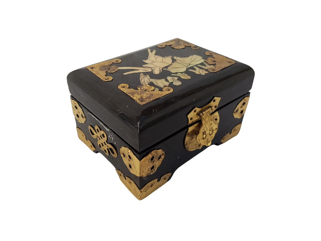 Vintage Wooden Box Decorated With Mother-of-pearl and Brass. Jewelry ...