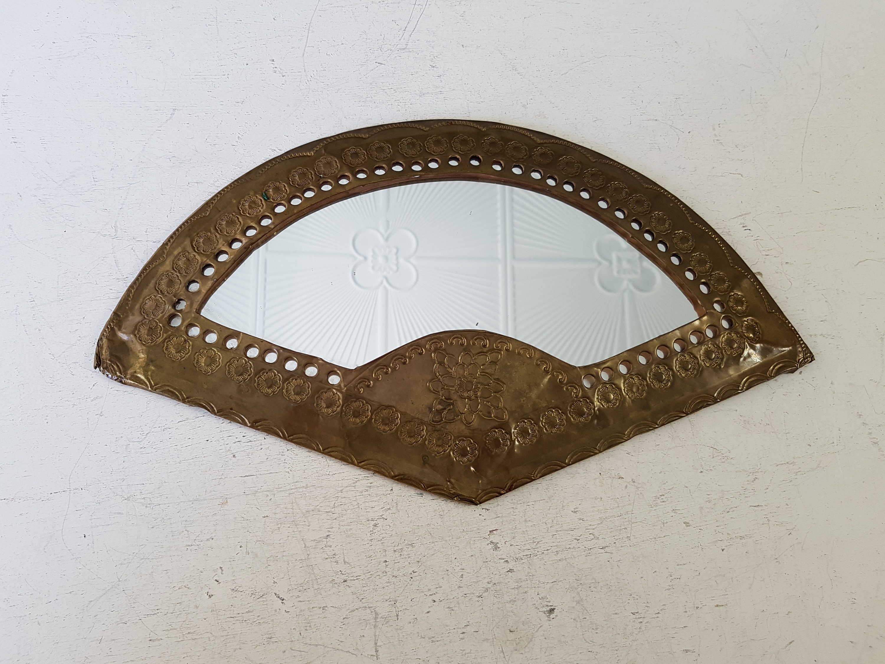 Vintage Brass Wall Mirror Fan-shaped Solid Brass Frame Handwork Made in ...