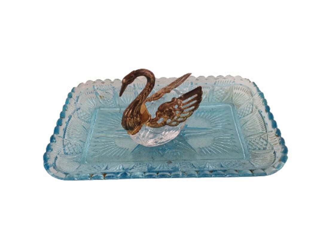 Vintage Set Swan on a Blue Platter Swan Glass and Metal Blue Pressed ...