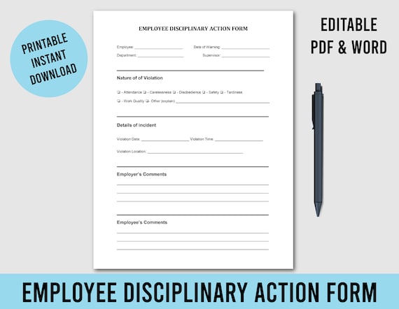 Employee Disciplinary Action Form Editable Template PDF | Etsy