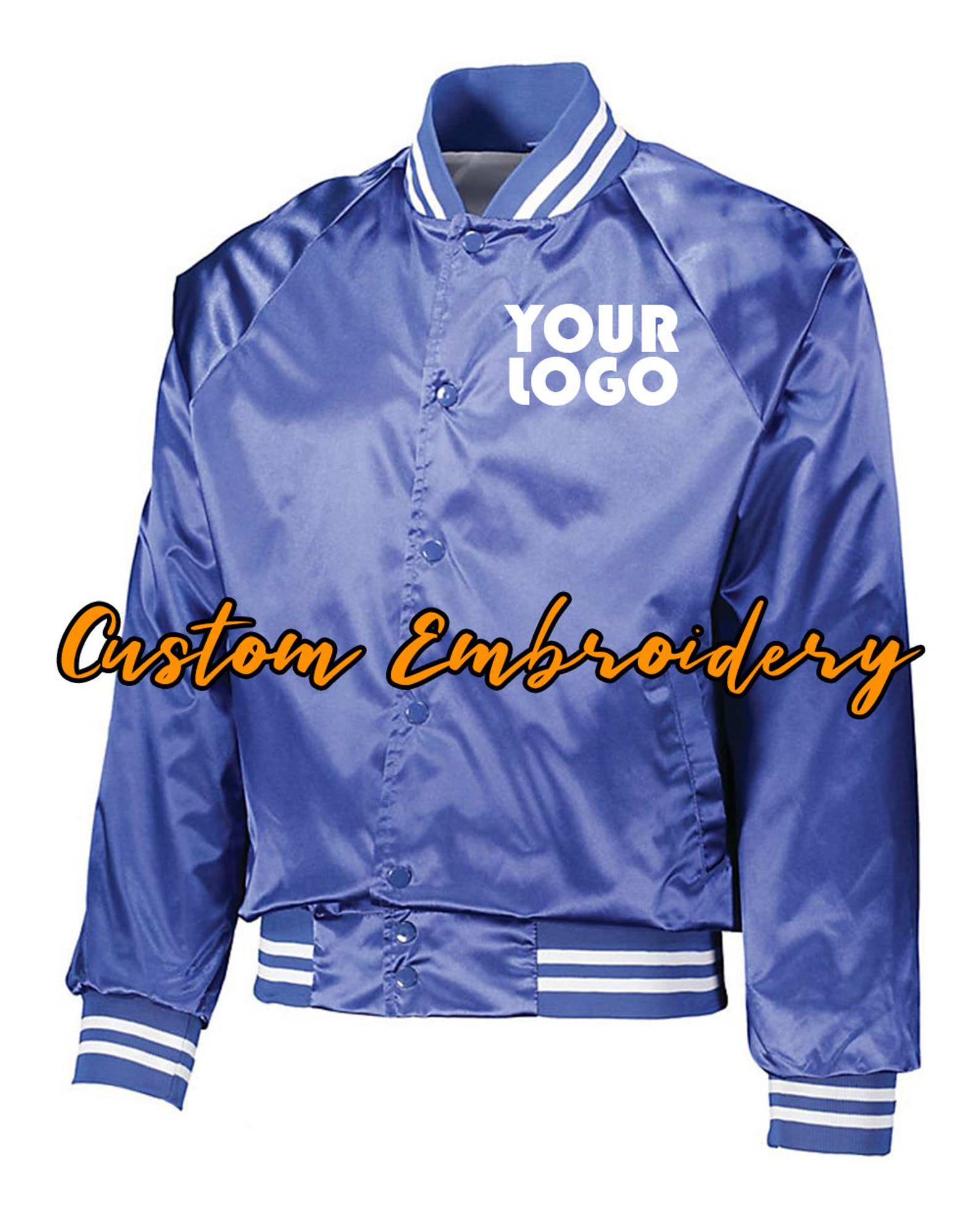 Custom Embroidered Satin Baseball Jacket Striped Trim - Bomber Jacket ...