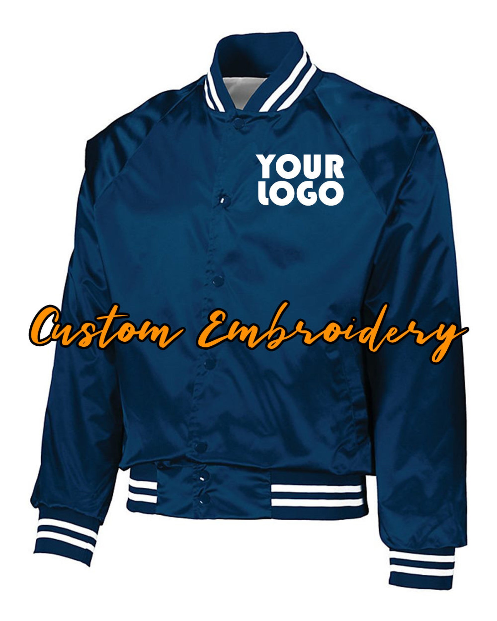 Custom Embroidered Satin Baseball Jacket Striped Trim - Bomber Jacket ...