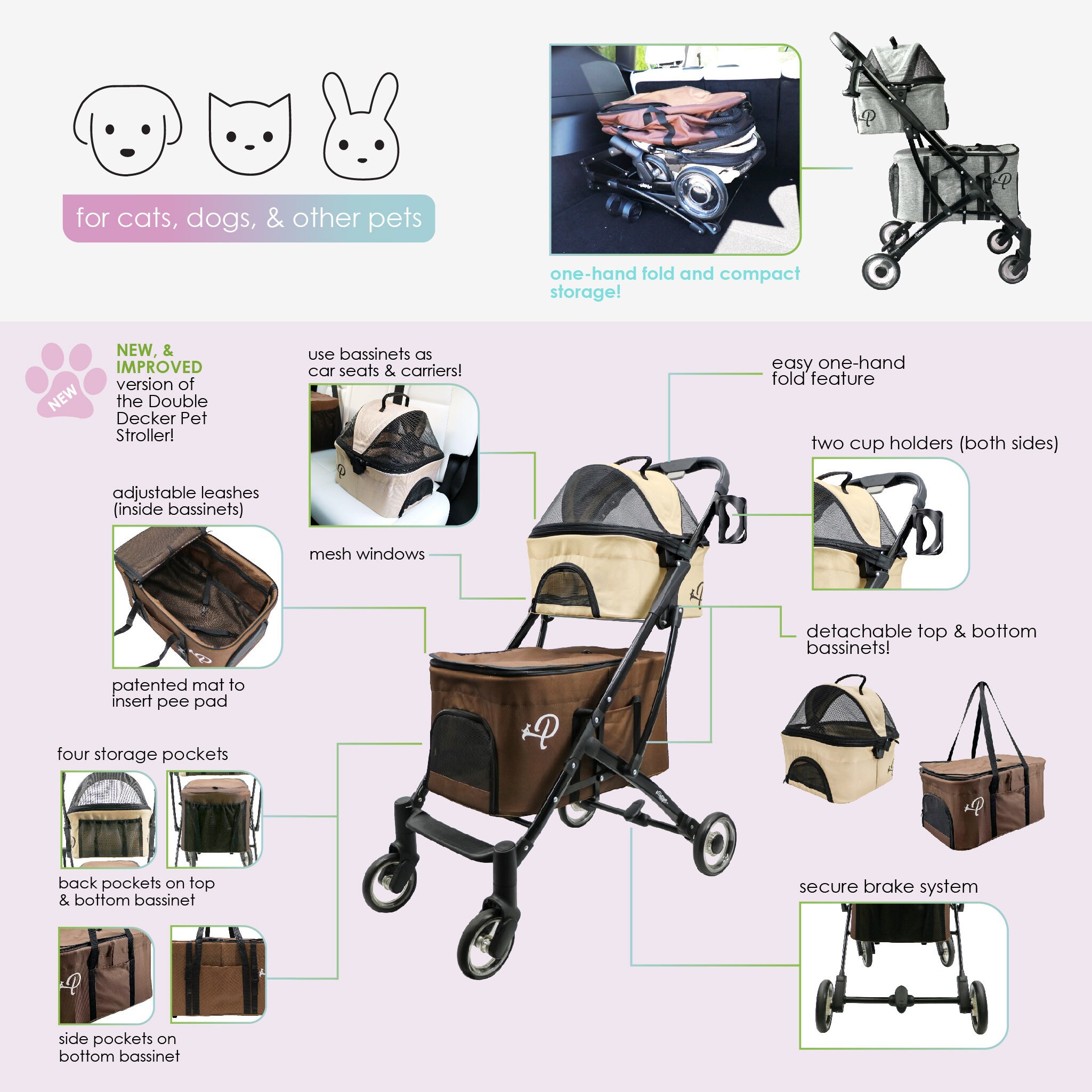 Deluxe Double Decker Pet Stroller-brown: Dual Bassinets, Washable Pee ...