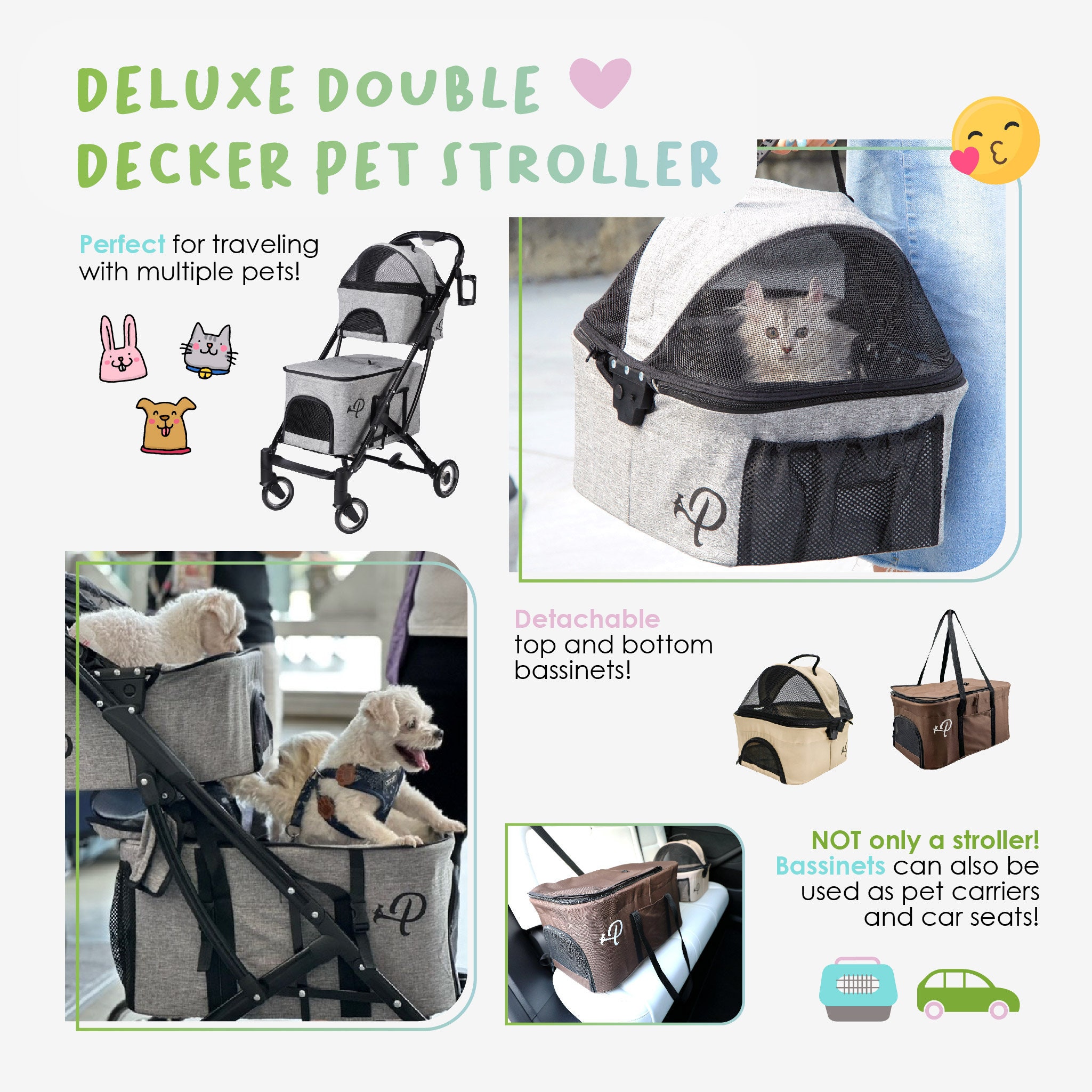 Deluxe Double Decker Pet Stroller-brown: Dual Bassinets, Washable Pee ...