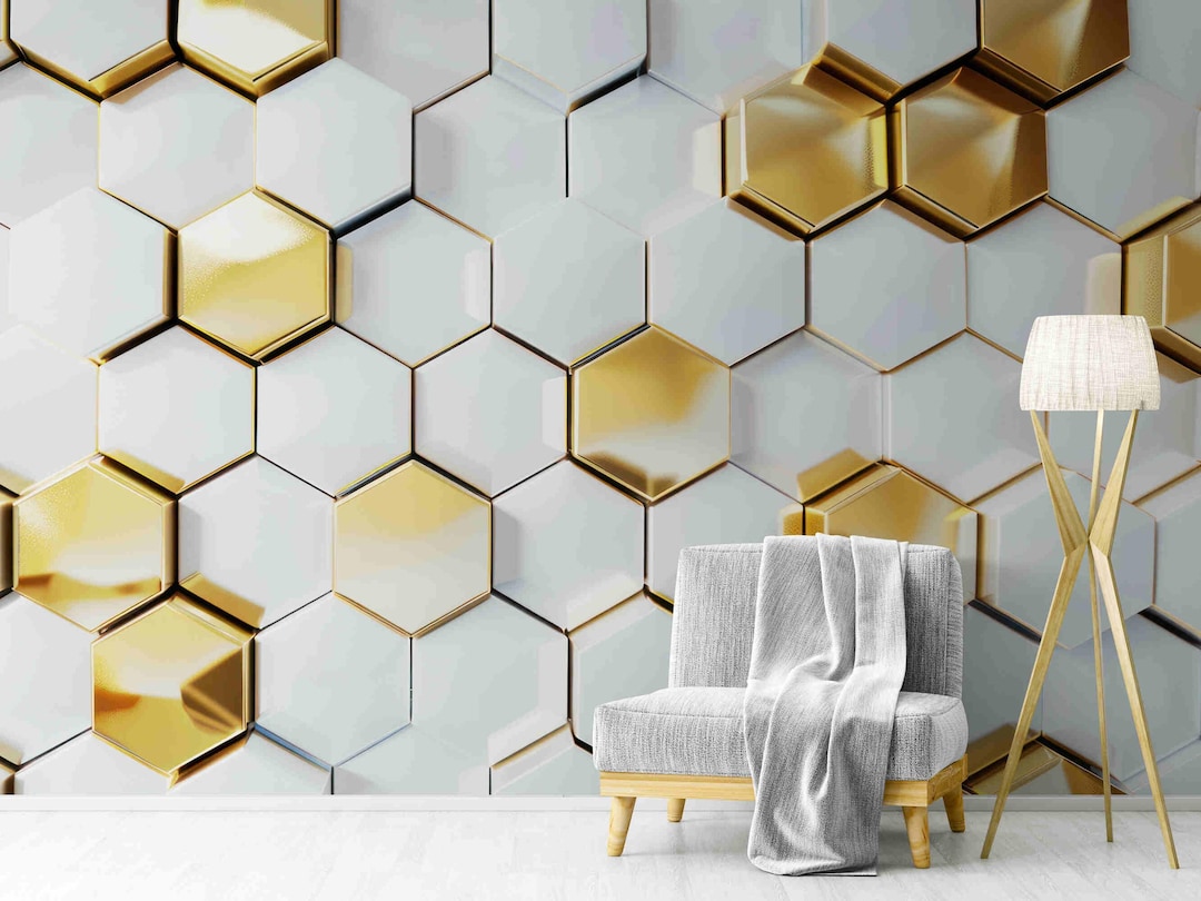 Gold and White 3D Hexagon Wallpaper Mural – Modern Peel and Stick Wall ...