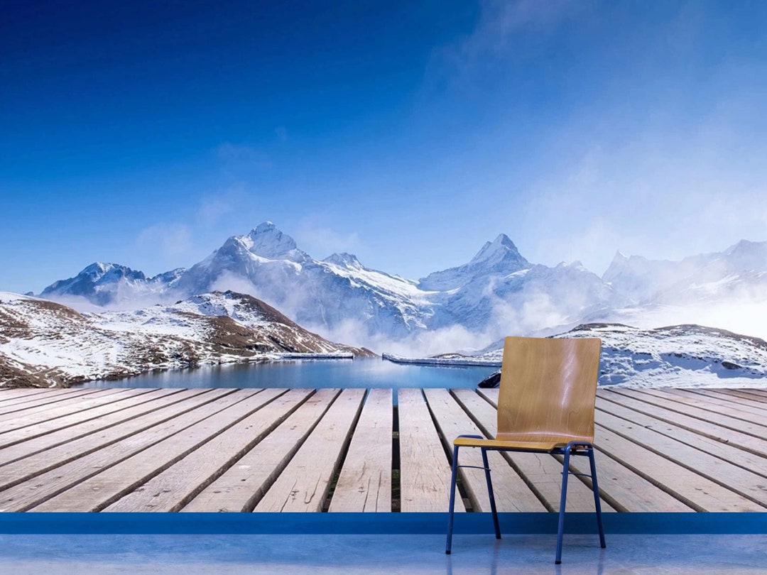 Mountain View Wallpaper Mural – 3D Landscape Peel & Stick Wall Covering ...