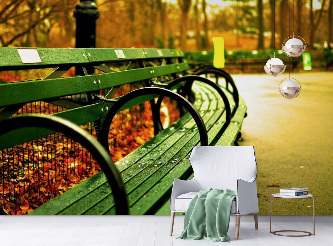 New York Green Park Bench Mural, Wallpaper Mural, Peel and Stick ...