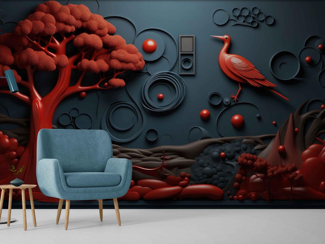 Red Tree & Bird Wall Mural: Abstract 3D Peel and Stick Wallpaper - Etsy