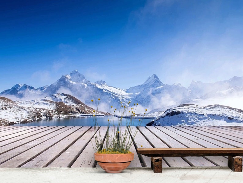 Mountain View Wallpaper Mural – 3D Landscape Peel & Stick Wall Covering ...