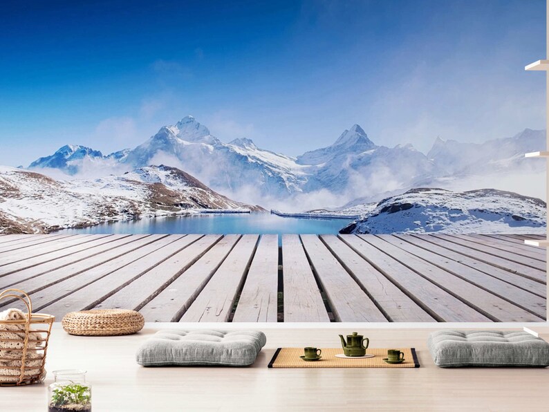 Mountain View Wallpaper Mural – 3D Landscape Peel & Stick Wall Covering ...